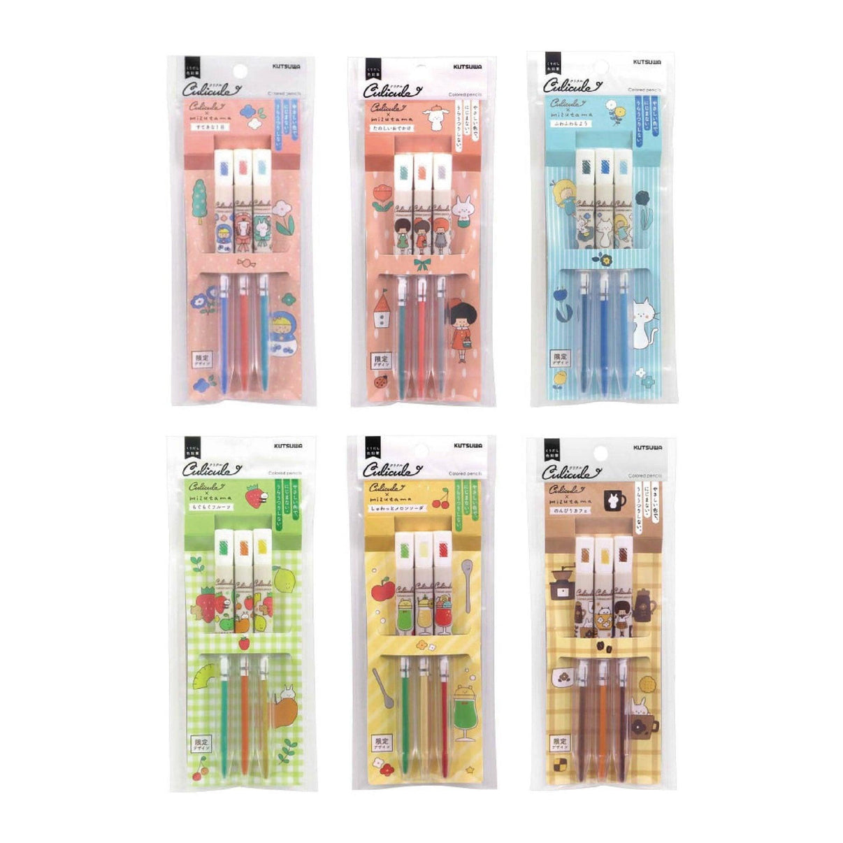 KUTSUWA x MIZUTAMA rotating color pencil cute illustration three-color set Painting utensils ...